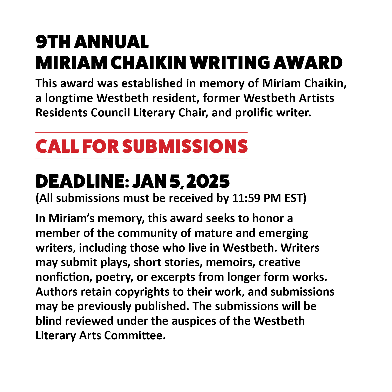 9th Annual Miriam Chaikin Writing Award: Call for Submissions | Westbeth
